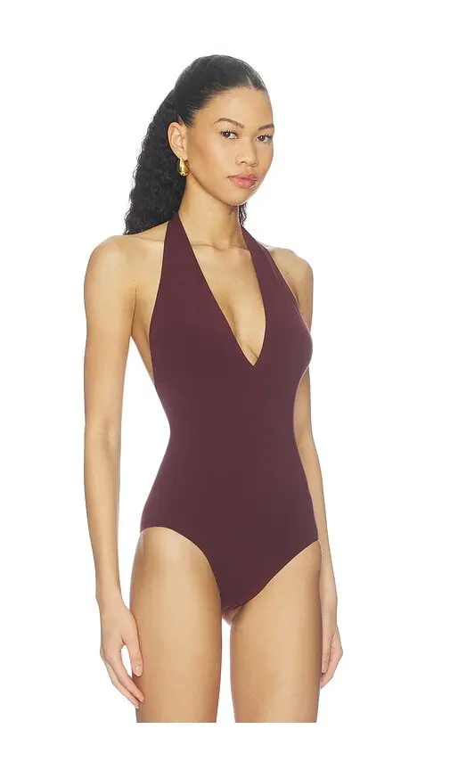 Commando Ballet Deep Plunge Halter Bodysuit In Burgundy