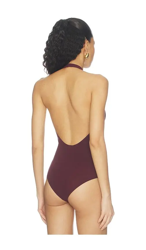 Commando Ballet Deep Plunge Halter Bodysuit In Burgundy