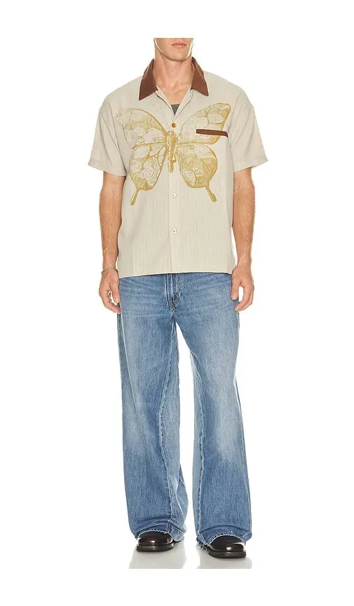 RYOKO RAIN Butterfly Pinstripe Button Up Shirt In Brown