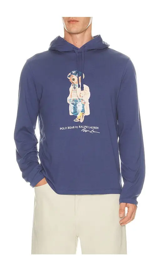 Polo Ralph Lauren Long Sleeve Jersey Knit Litchfield Bear Graphic T-shirt With Hood In Navy - Light Navy