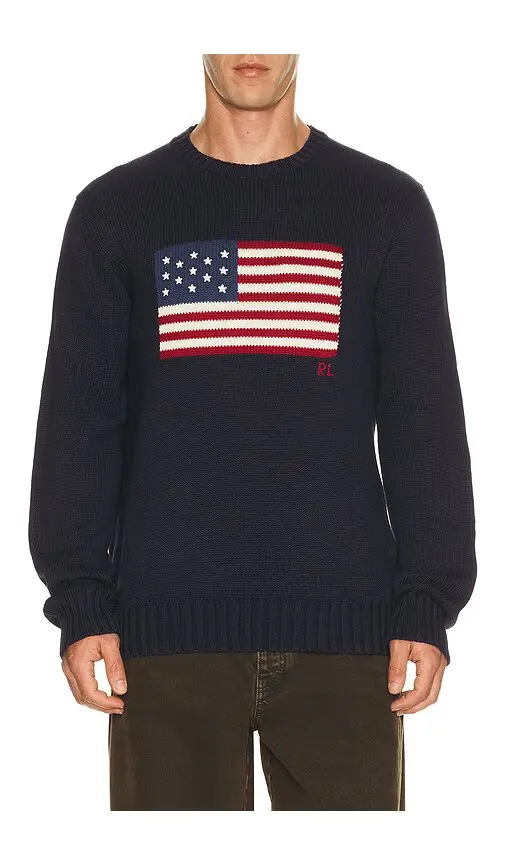 Polo Ralph Lauren Roving Cotton Usa Flag Crewneck Sweater In Navy - Hunter Navy