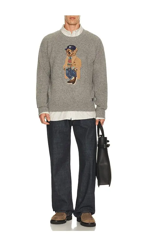 Polo Ralph Lauren Wool Blend Novelty Heritage Bear Crewneck Sweater In Grey