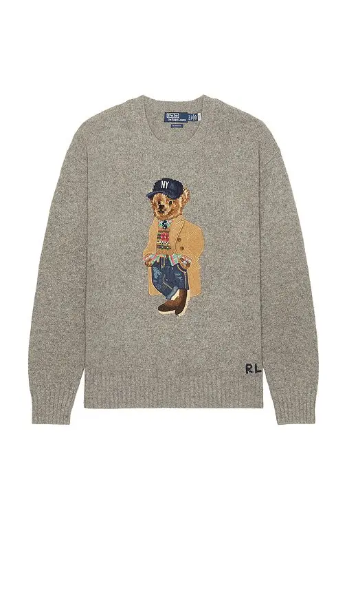 Polo Ralph Lauren Wool Blend Novelty Heritage Bear Crewneck Sweater In Grey