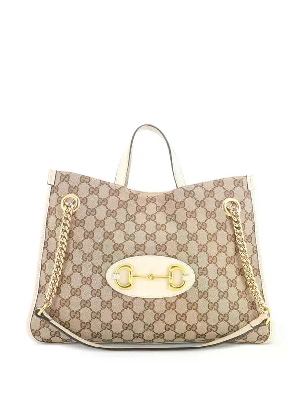 Gucci Horsebit 1955 Chain Gg Canvas With Leather Medium Tote Bag - Brown