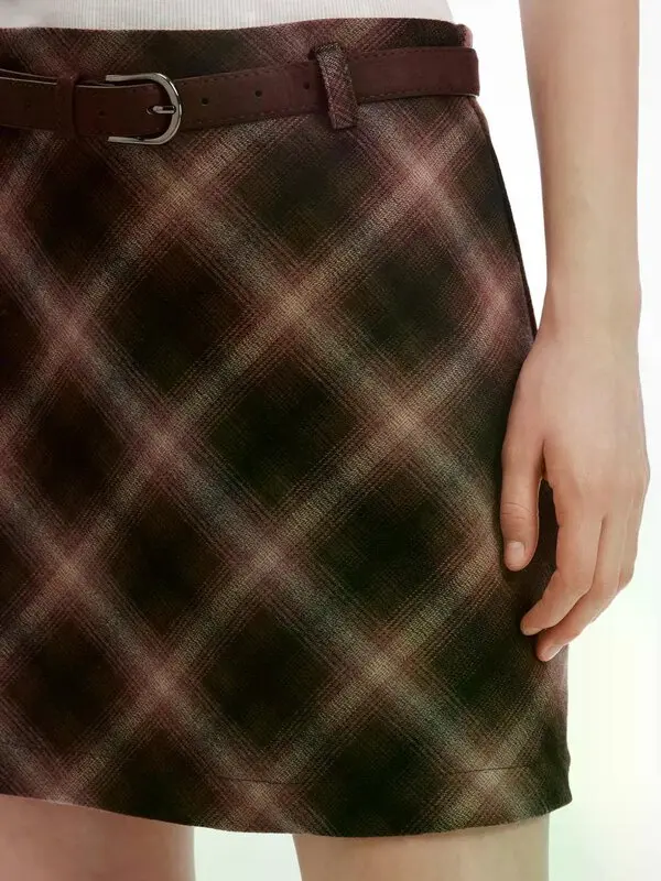 B+AB Check-pattern Belted Mini Skirt