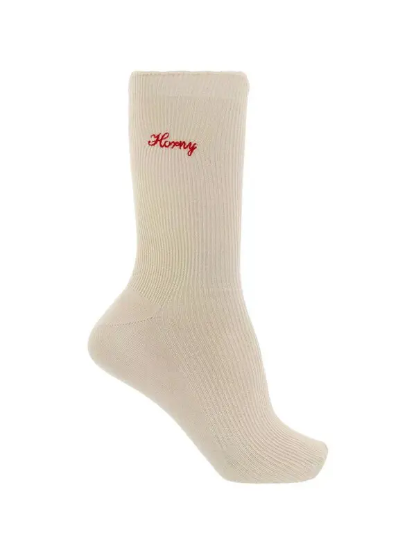CARNE BOLLENTE Embroidered Ribbed Socks - Neutrals