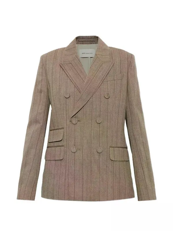 AMI Paris Brown Double Breasted Striped Wool Blazer