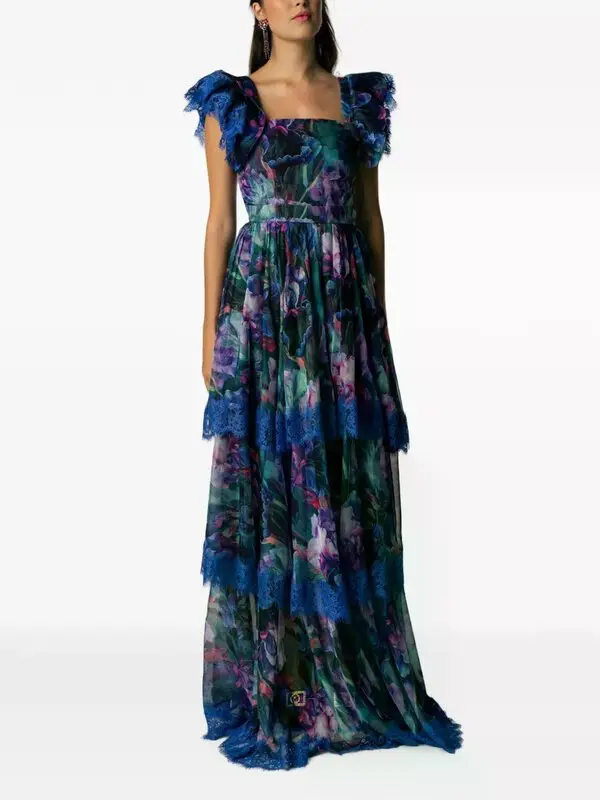 MIAU BY CLARA ROTESCU Celestine Floral-print Lace-trim Maxi Dress - Blue
