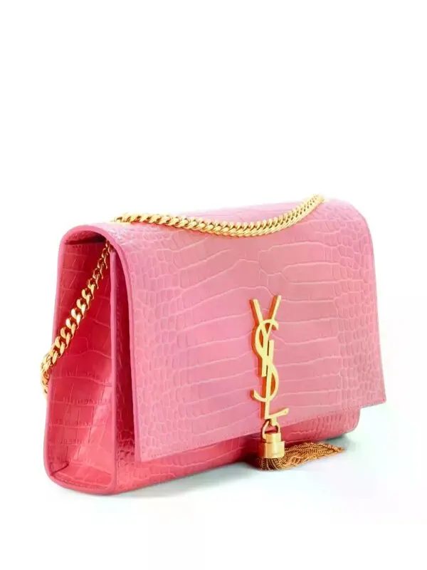 Saint Laurent Classic Monogram Tassel Crocodile Embossed Leather Medium Crossbody Bag - Pink