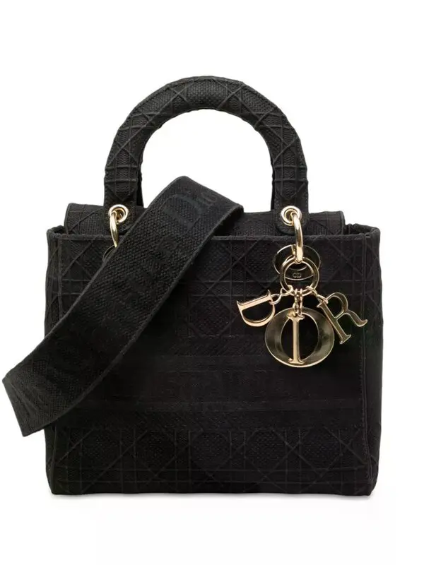 Dior 2020 Medium Embroidered Canvas Cannage Lady D Lite Satchel - Black