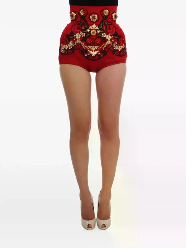 Dolce & Gabbana Floral-embroidered Mini Shorts - Red