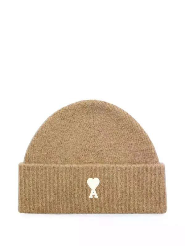 AMI Paris Beige Alpaca Beanie With De Coeur