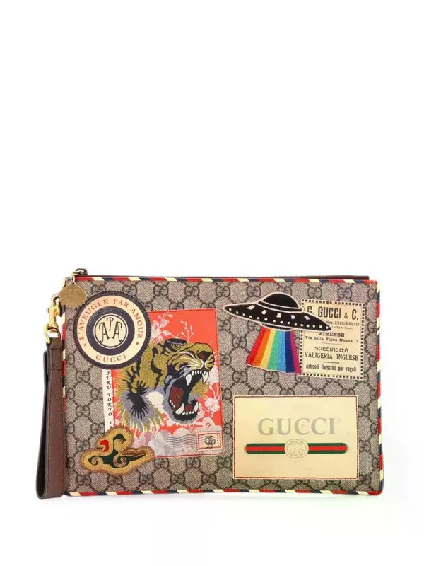Gucci Courrier Pouch Gg Coated Canvas With Applique Clutch Bag - Brown