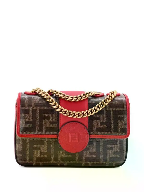 Fendi Ff Logo Stamp Flap Bag Zucca Coated Canvas With Leather Mini Crossbody Bag - Red