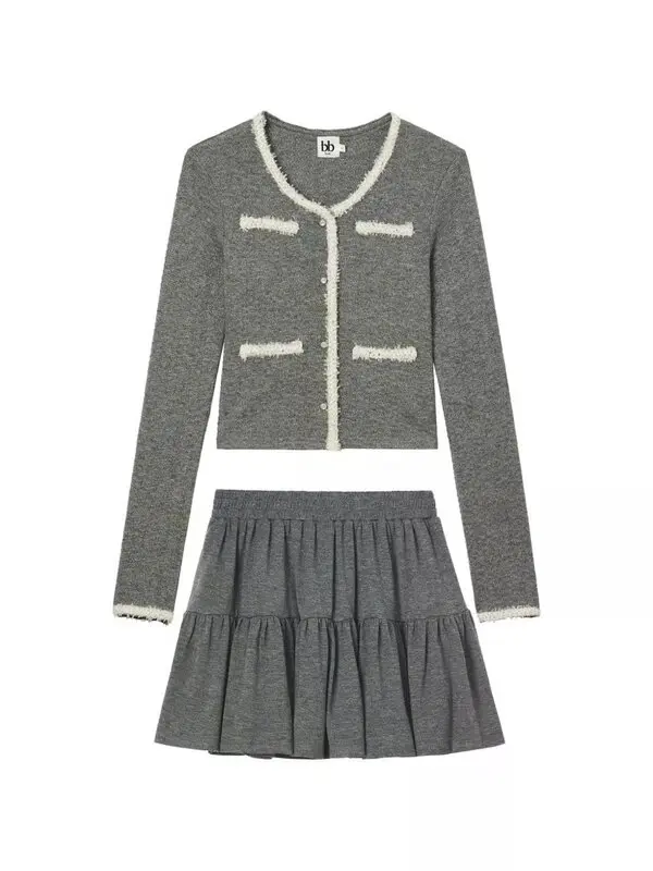 B+AB Contrast-trim Tiered Skirt And Top Set - Grey