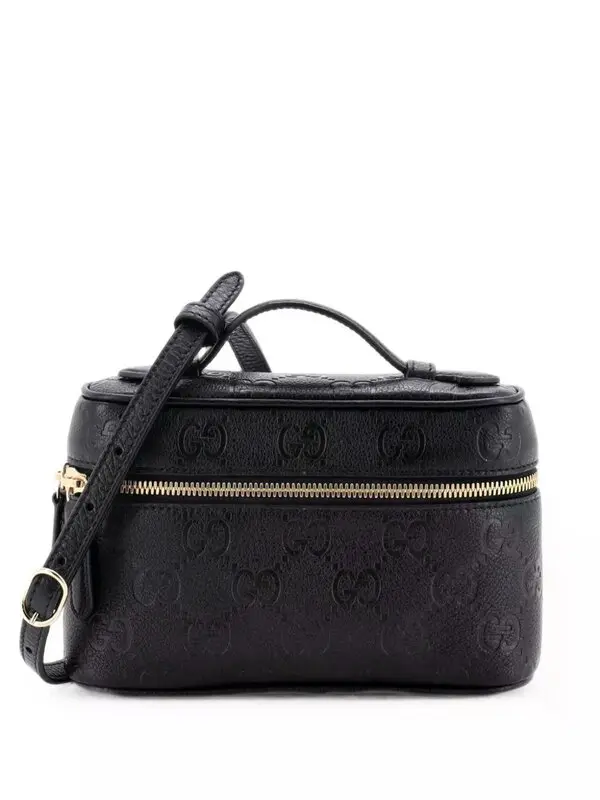 Gucci Emblem Top Handle Vanity Bag Gg Embossed Leather Small Shoulder Bag - Black