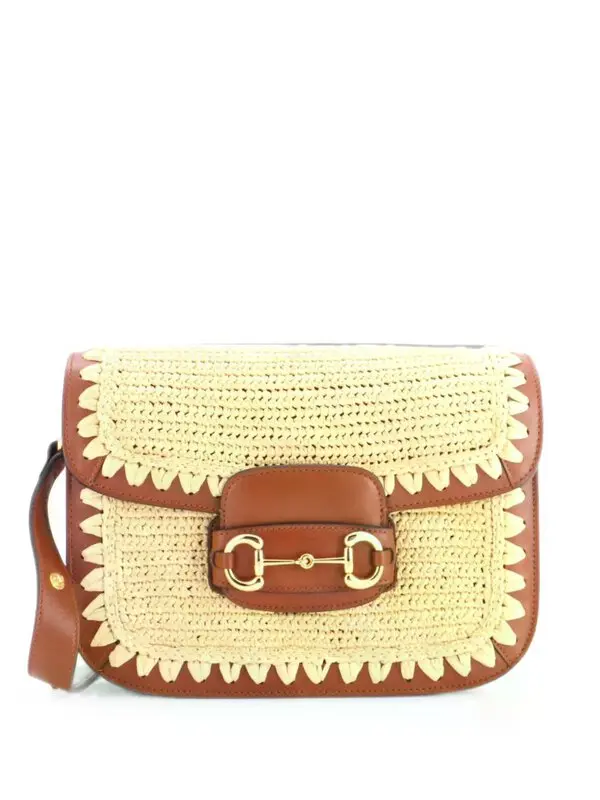 Gucci Horsebit 1955 Raffia Effect With Leather Small Shoulder Bag