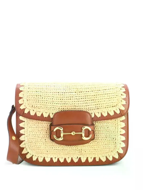 Gucci Horsebit 1955 Raffia Effect With Leather Small Shoulder Bag