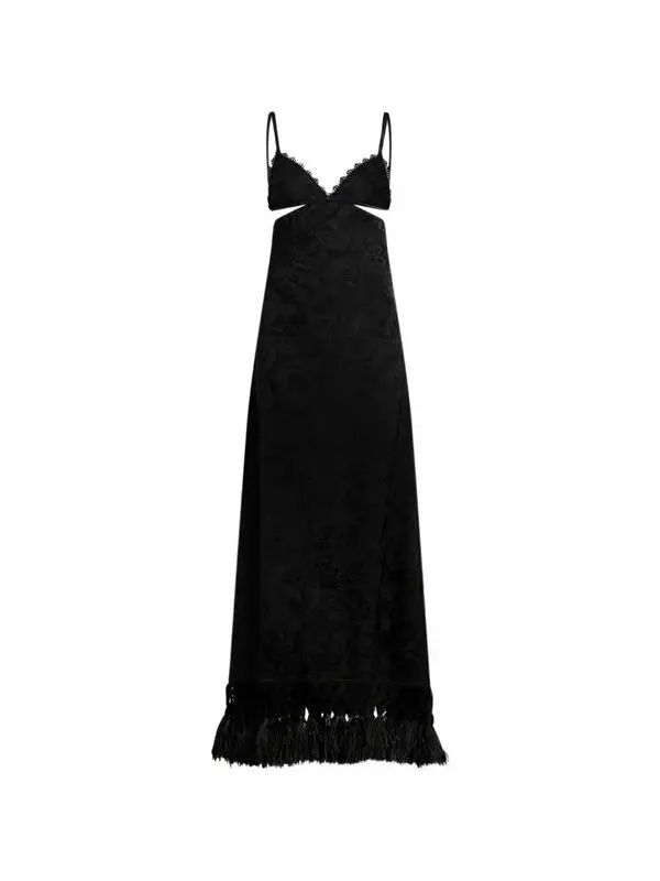Etro Jacquard Long Dress With Lace, Ostrich Feathers And Paisley Motif - Black