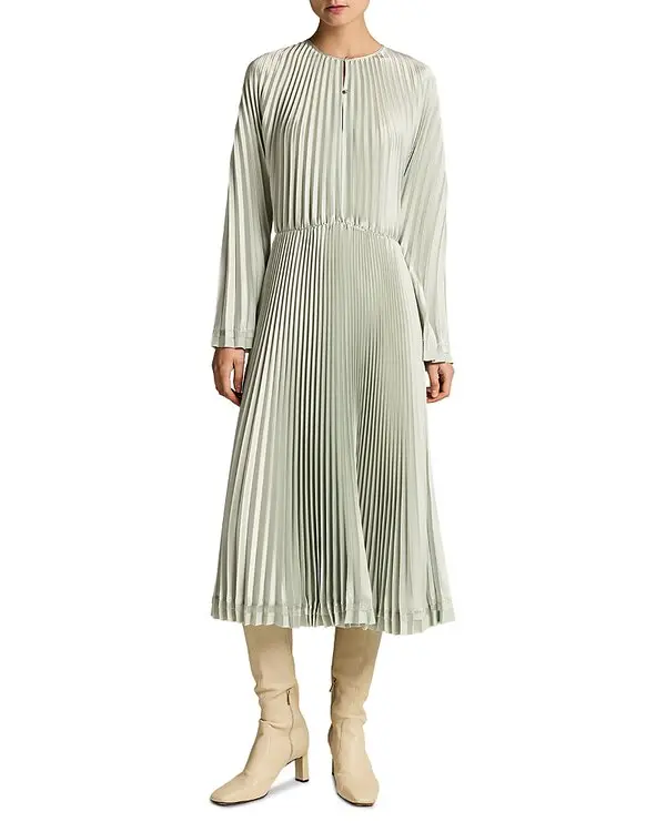 Vince Pleated Long Sleeve Contrast Hem Dress - Aloe