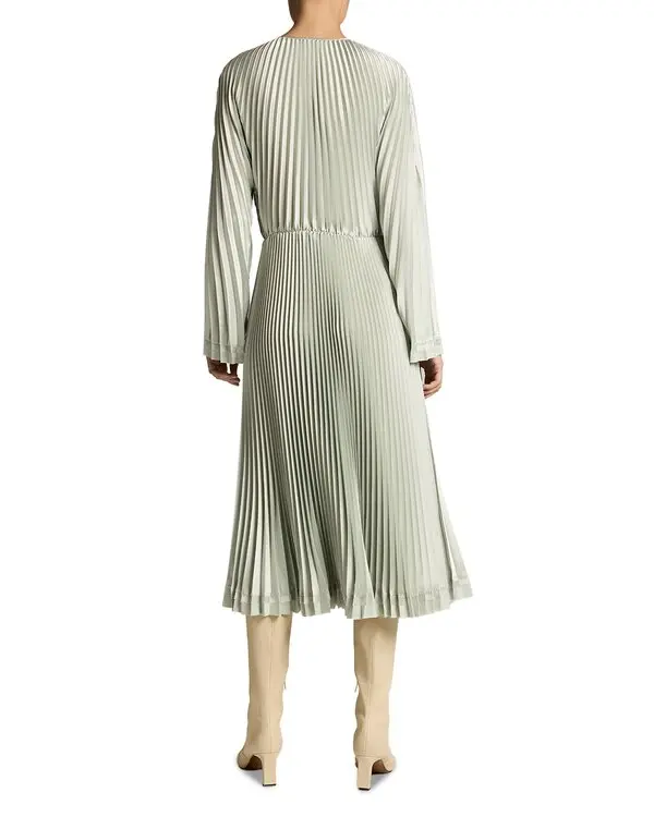 Vince Pleated Long Sleeve Contrast Hem Dress - Aloe