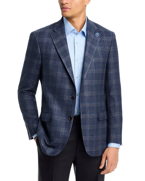 Hart Schaffner Marx New York Fit Wool, Silk, & Linen Plaid Sport Coat - Navy/ Brown