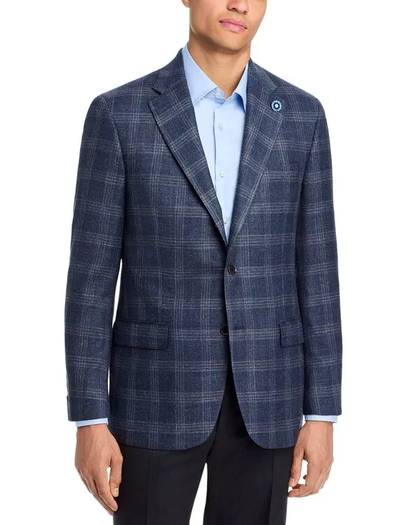 Hart Schaffner Marx New York Fit Wool, Silk, & Linen Plaid Sport Coat - Navy/ Brown