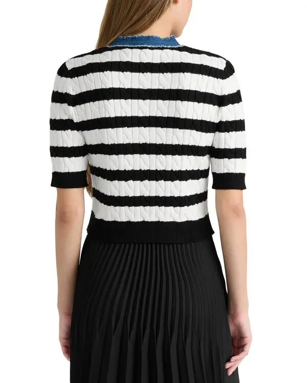 NVLT Denim Trim Cable Knit Short Sleeve Sweater - Marshmallow/ Black