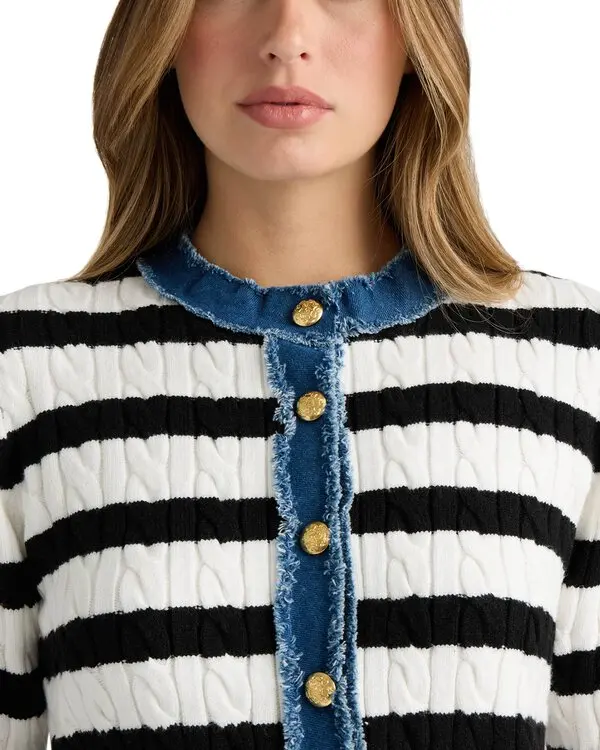 NVLT Denim Trim Cable Knit Short Sleeve Sweater - Marshmallow/ Black