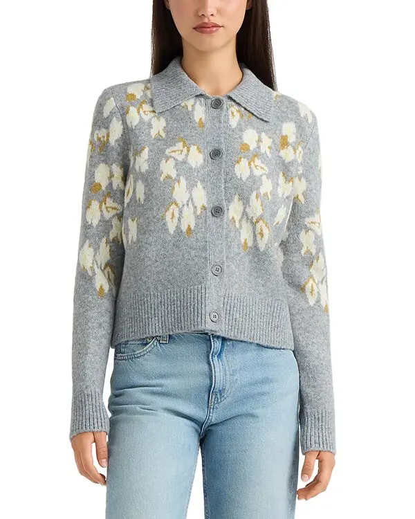 NVLT Collared Intarsia Cardigan Sweater - Light Grey Mix