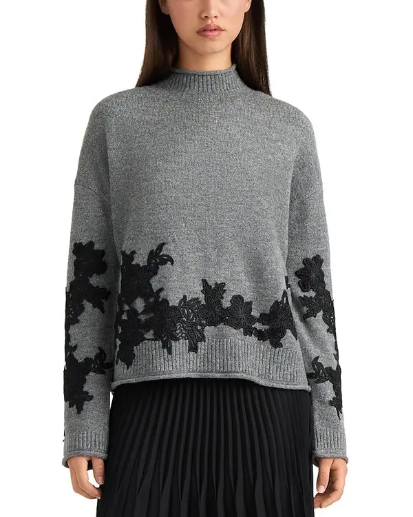 NVLT Mock Neck Floral Applique Sweater - Medium Grey Mix