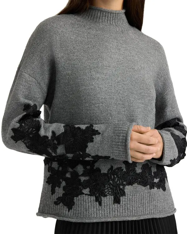 NVLT Mock Neck Floral Applique Sweater - Medium Grey Mix