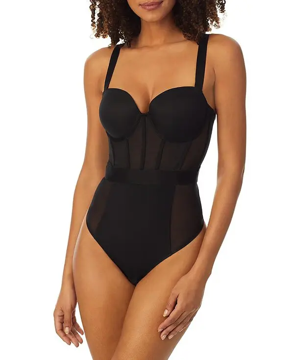 Dkny Sheers Cupped Strapless Mesh Panel Bodysuit - Black