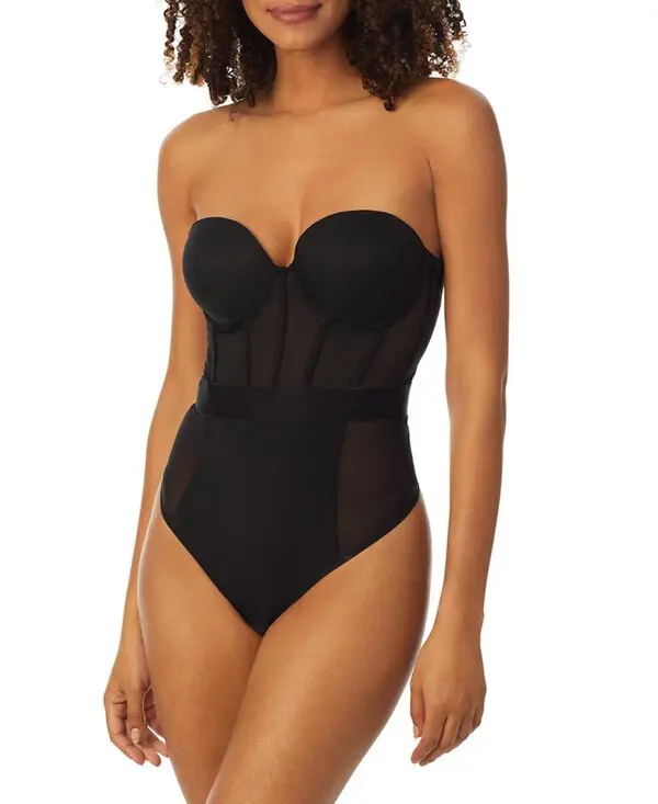 Dkny Sheers Cupped Strapless Mesh Panel Bodysuit - Black
