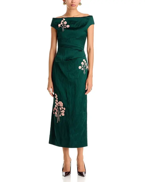 Erdem Embroidered Textured Satin Midi Pencil Dress
