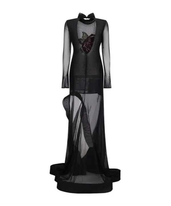 Blumarine Stretch Tulle Dress With Embroidery And Slit