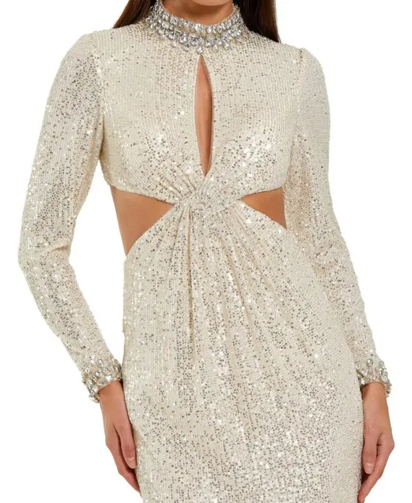 Mac Duggal Long Sleeve Sequin Gown With Cut Outs
