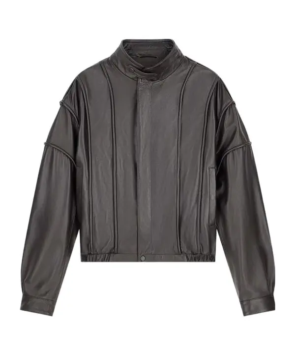 Emporio Armani Cropped Nappa Leather Blouson Jacket With A Stand Collar - Brown