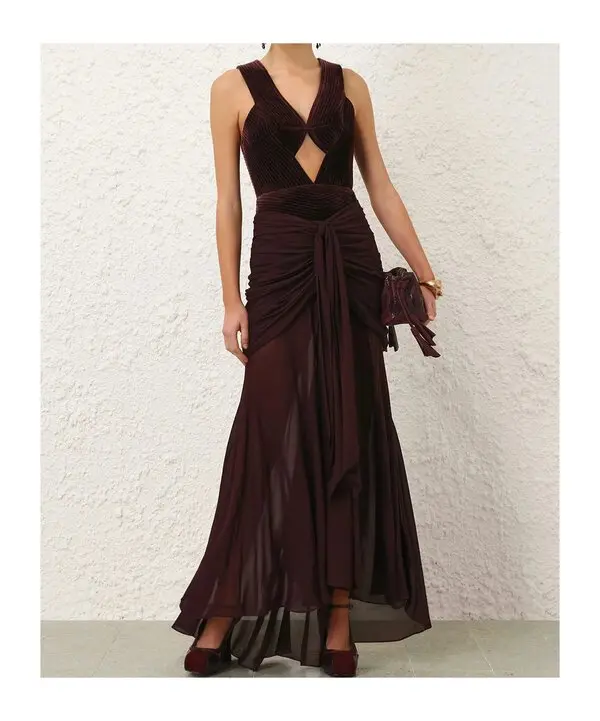 Zimmermann Velvet-panelled Ruched Maxi Dress