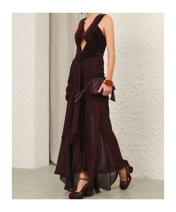 Zimmermann Velvet-panelled Ruched Maxi Dress