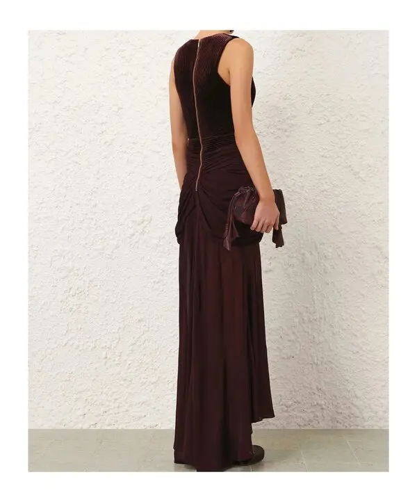 Zimmermann Velvet-panelled Ruched Maxi Dress