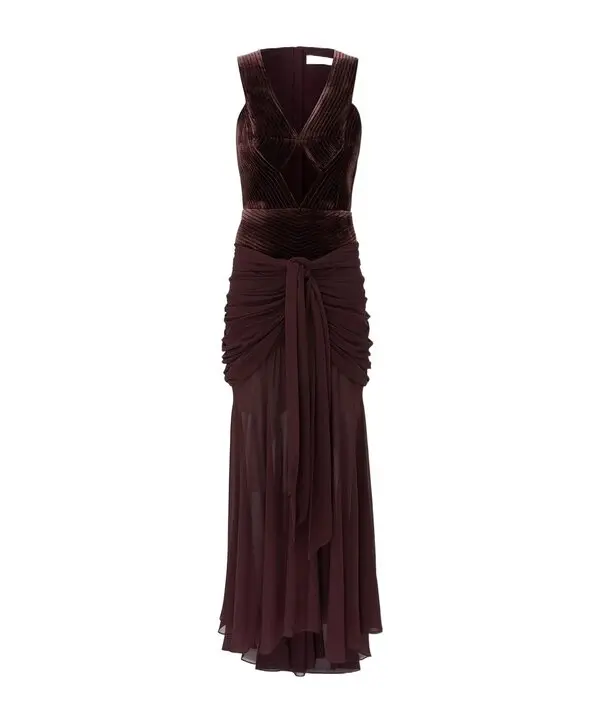Zimmermann Velvet-panelled Ruched Maxi Dress - Wine