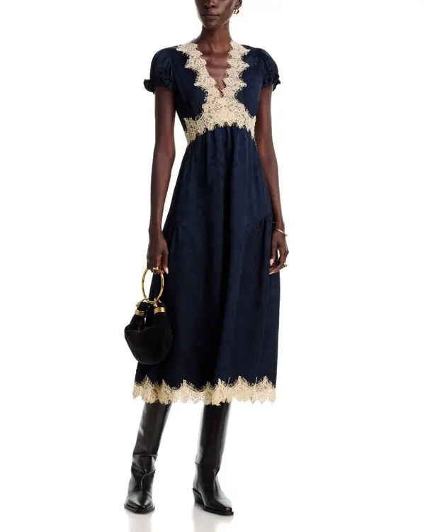Sea Shay Lace Trim V Neck Midi Dress