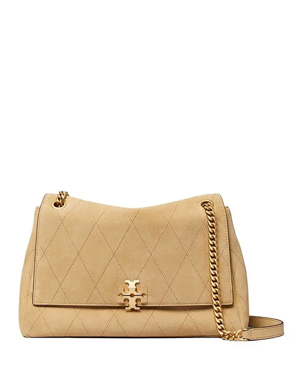 Tory Burch Charlie Quilted Suede Shoulder Bag - Stone