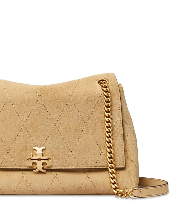 Tory Burch Charlie Quilted Suede Shoulder Bag - Stone