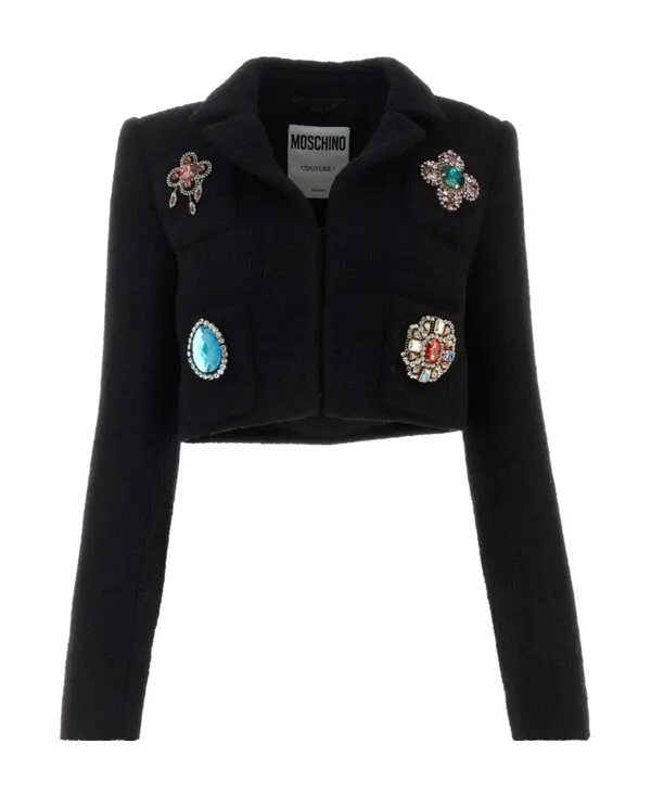 Moschino Crystal-embellished Wool-blend Cropped Jacket - Black