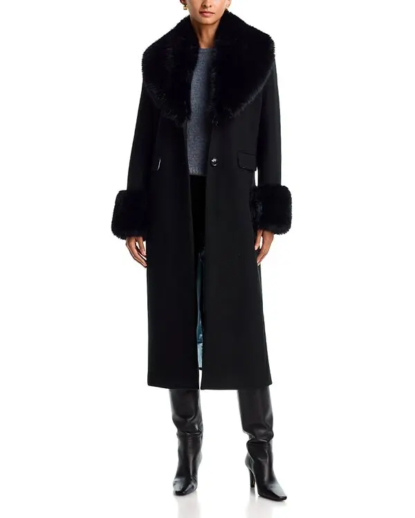 Aqua X Nicky Hilton Long Wool Coat With Faux Fur Trim Exclusive - Black