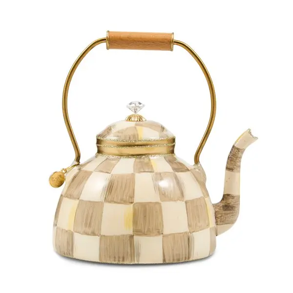 MACKENZIE-CHILDS Mocha Check Tea Kettle Glass Ornament