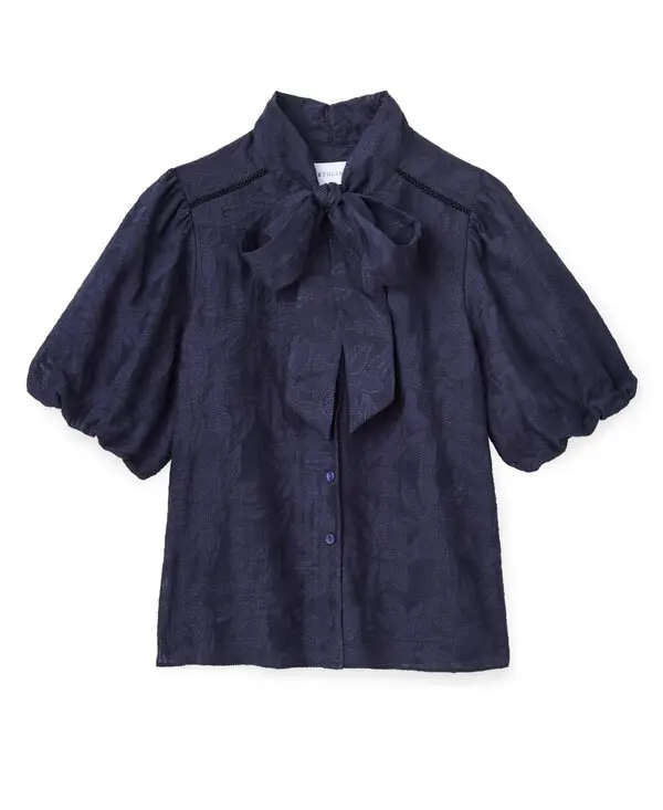 CARTOLINA Peggy Jacquard Neck Tie Top - Midnight Blue
