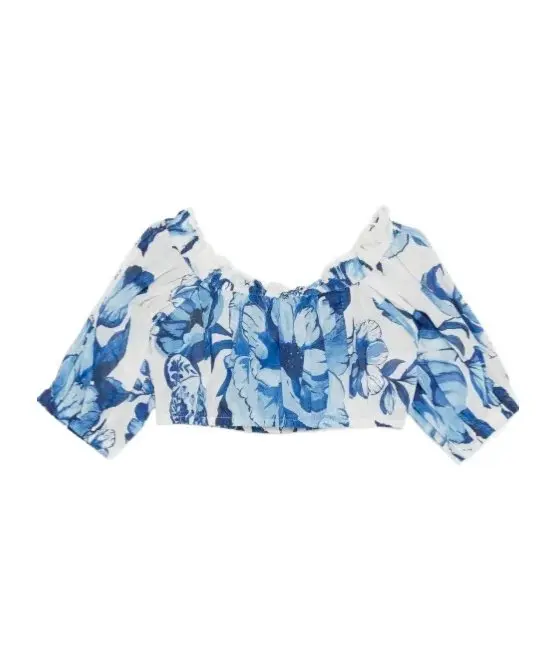 Farm Rio Floral Printed Off-shoulder Cropped Top - Blue